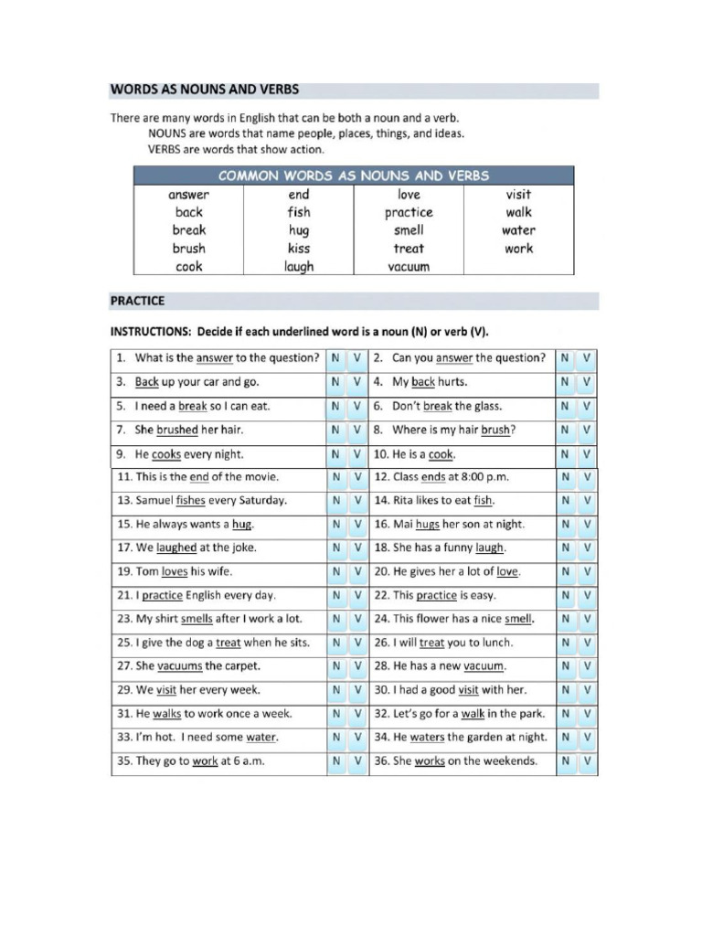 Nouns and Verbs Exercise | PDF