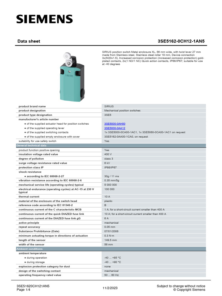 3SE51620CH121AN5 Datasheet en | PDF | Switch | Fuse (Electrical)