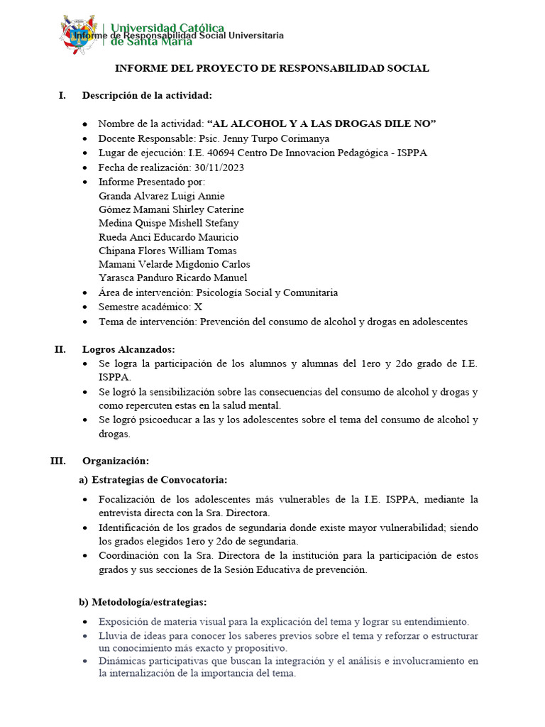 Informe Del Proyecto de Responsabilidad Social Psic Jenny Turpo Corimanya y Grupo X | PDF ...