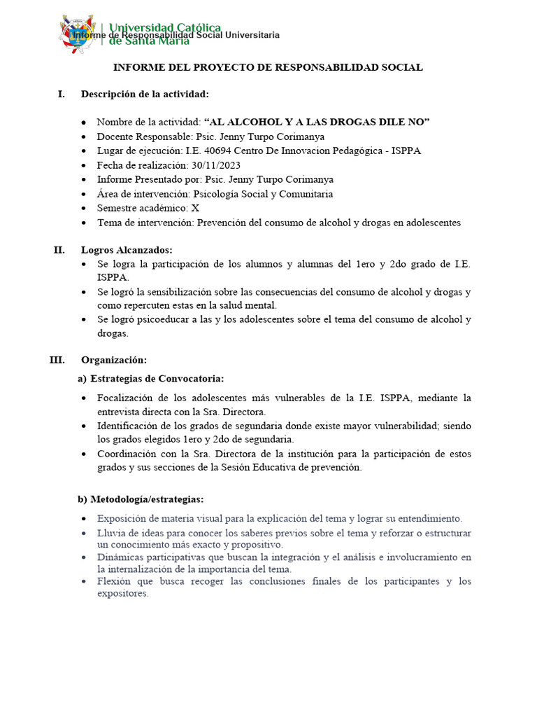 Informe Del Proyecto de Responsabilidad Social | PDF