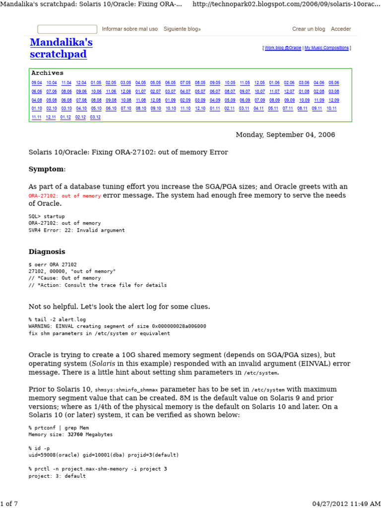 Fix ORA-27102 Error on Solaris 10 | PDF | Computer Science | Computer Engineering