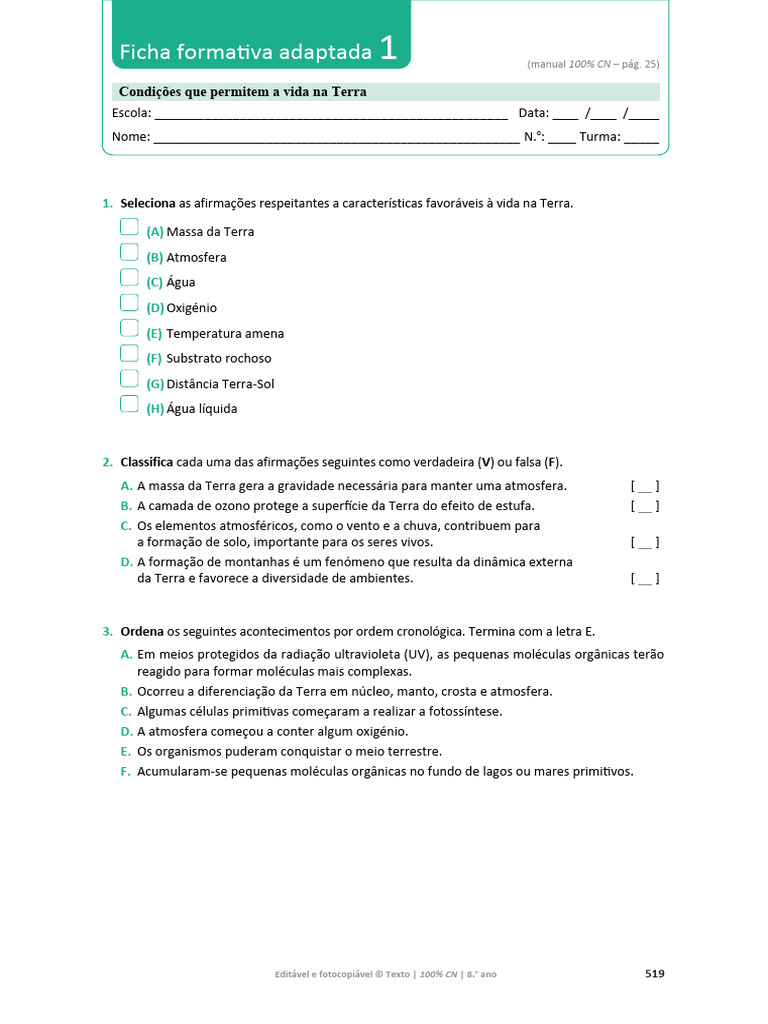 (4.3.1) CN8 - DP - (Fichas - Formativa - Adaptada1) | PDF | Ciências e Matemática