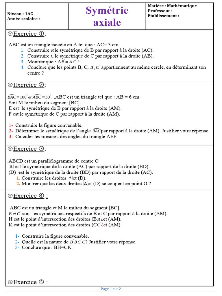 Symetrie Axiale Serie Dexercices 4 Word | PDF