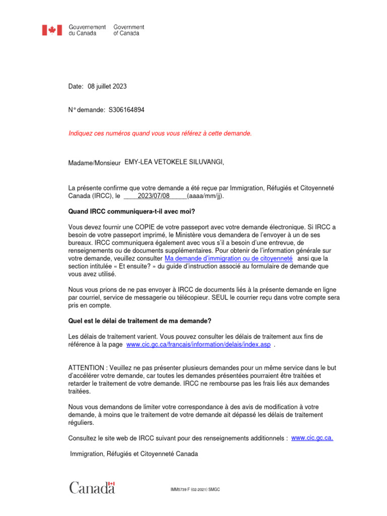 IMM5739 - 1-Confirmation Demande Immigration | PDF