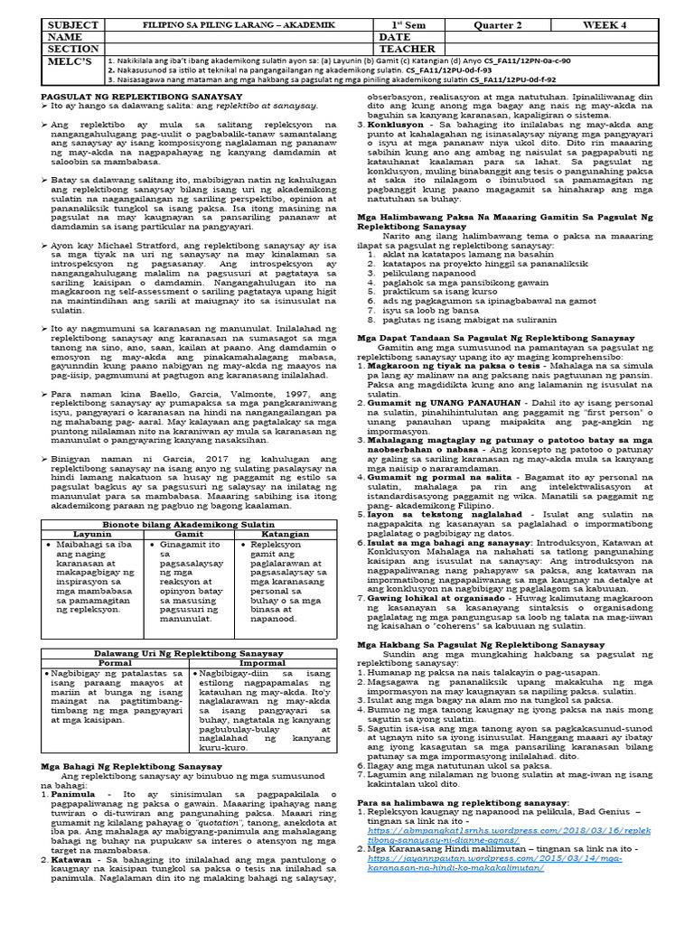 1st Sem Q2 FILIPINO-SA-PILING LARANG-MODULE WEEK4 | PDF