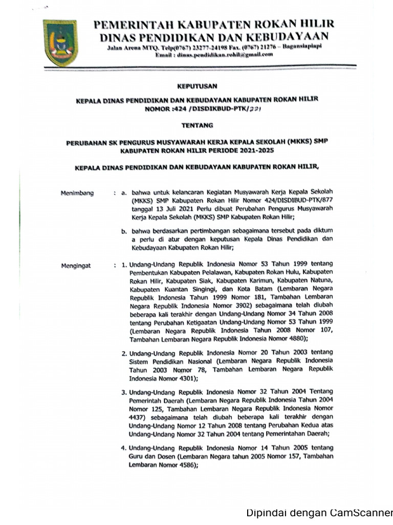 Perubahan SK Pengurus MKKS SMP Kab Rohil Periode 2021-2025 | PDF