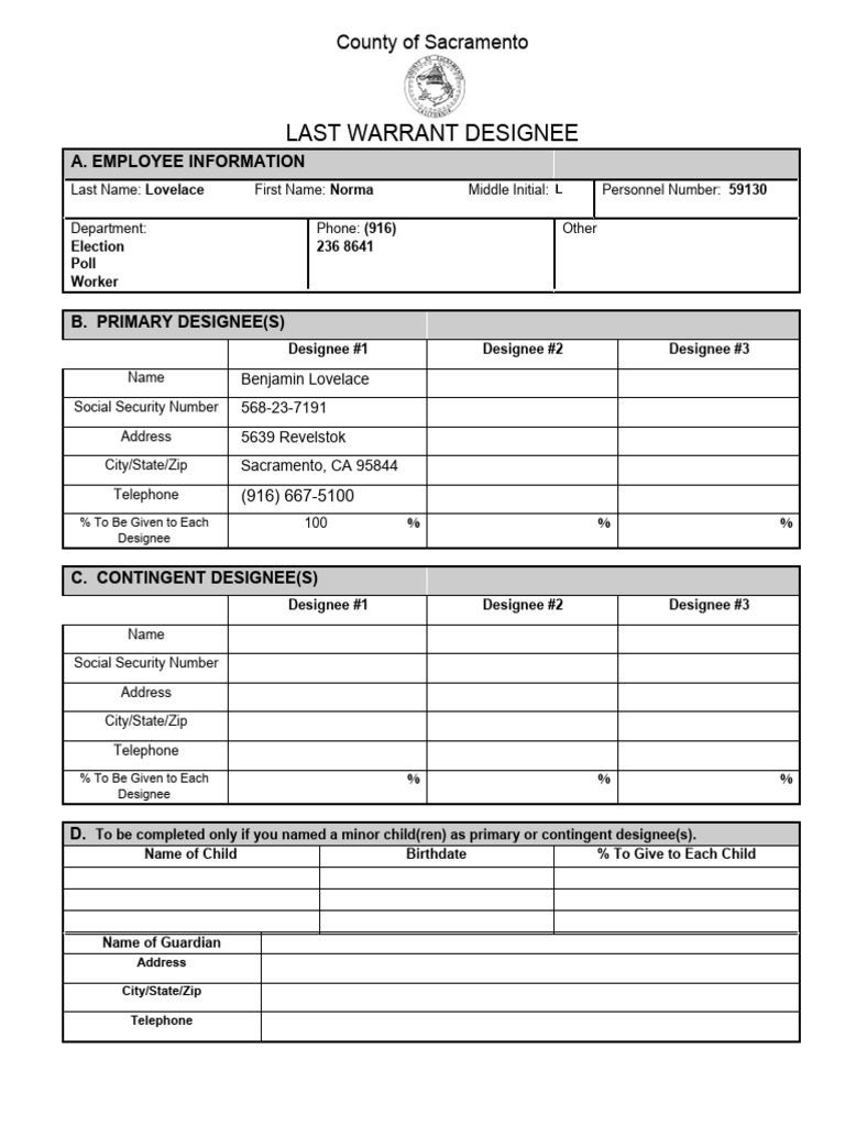 Last Warrant Designee Form Instructions | PDF | Social Security Number ...
