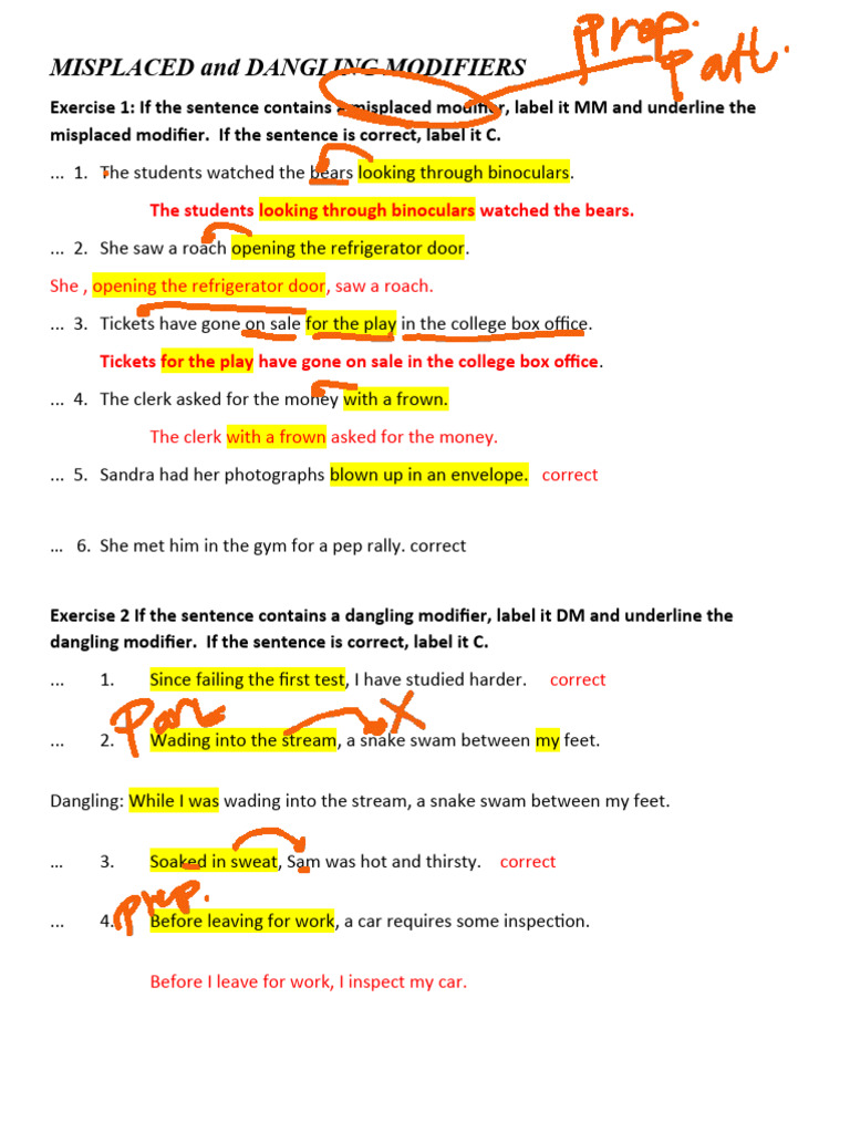 MISPLACED and DANGLING MODIFIERS Answers | PDF