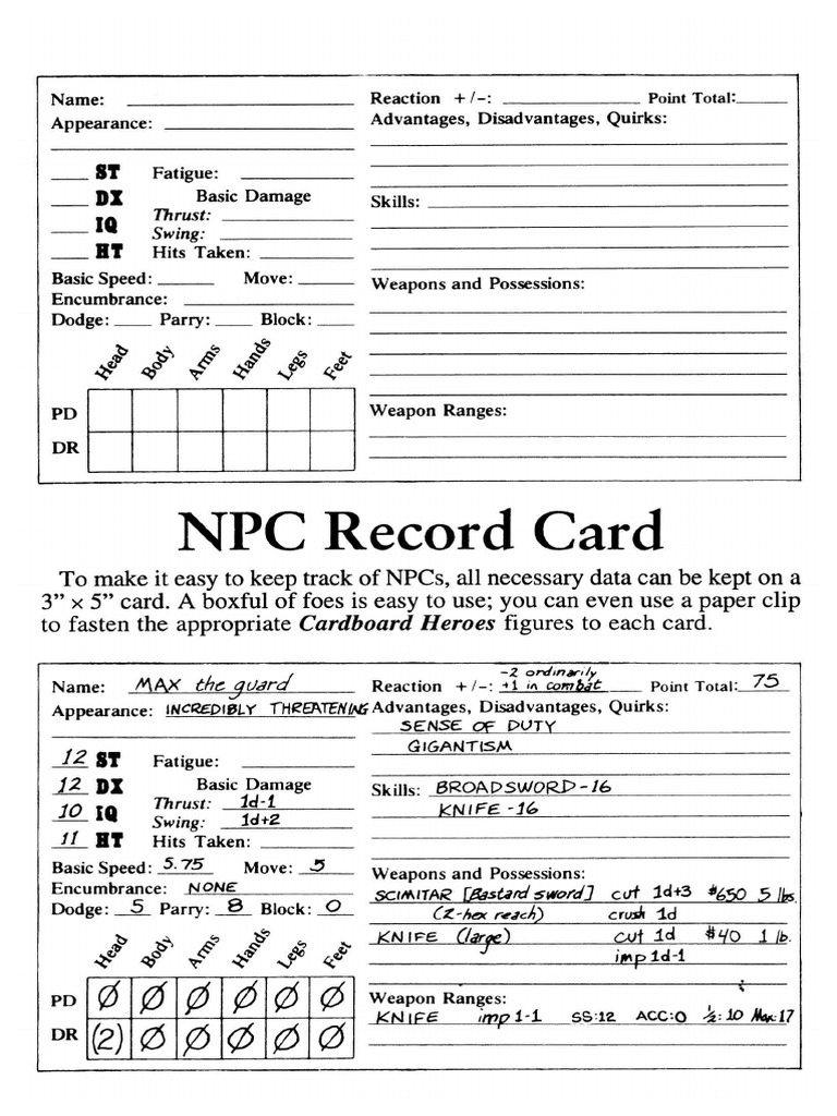 GURPS 3e NPC Record Card | PDF
