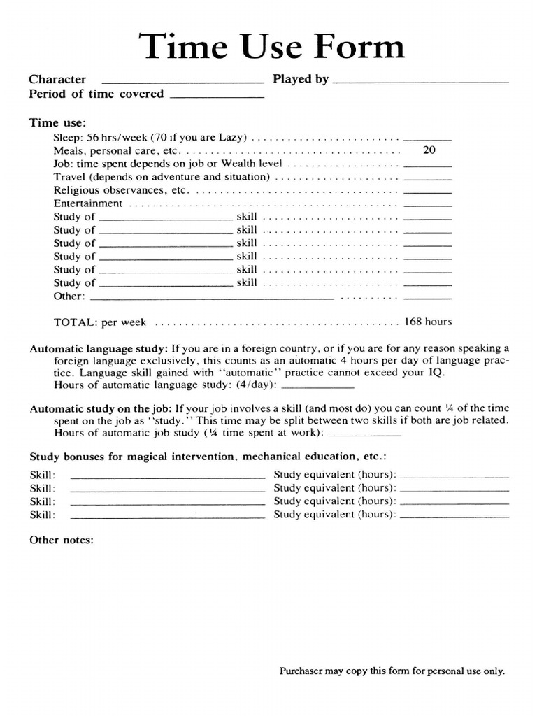 GURPS 3e Time Use Form | PDF