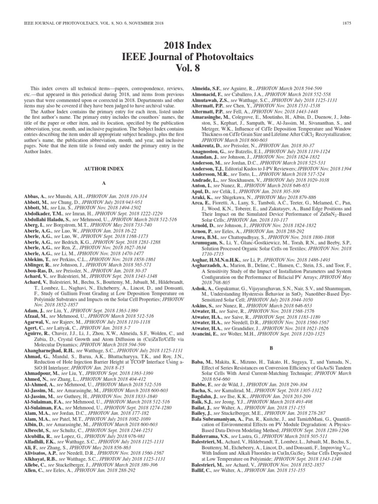 2018 Index IEEE Journal of Photovoltaics Vol. 8 | PDF | Solar Cell | Photovoltaics