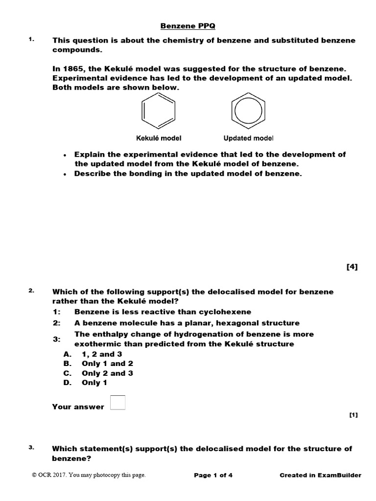 Benzene Chemistry & Models Quiz | PDF | Benzene | Aromaticity