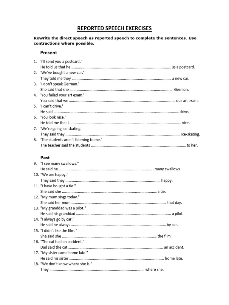 REPORTED SPEECH EXERCISES Class 5 | PDF