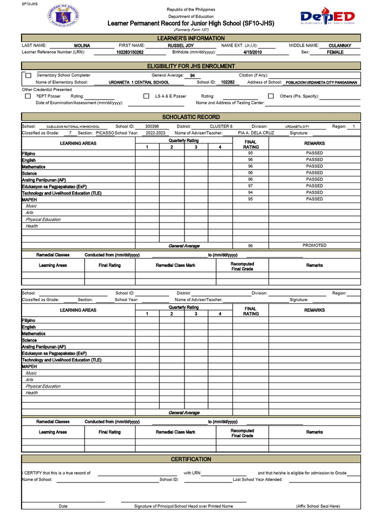 SF 10 Format Molina | PDF