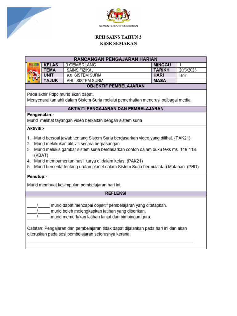 RPH SN THN 3 NEW (Unit 9) | PDF | Metode & Bahan Ajar