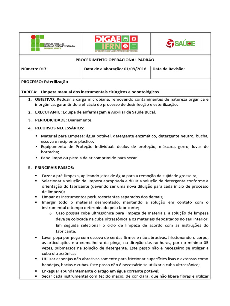 POP 017 - Limpeza Manual Dos Instrumentais Cirurgicos e Odontologicos | PDF