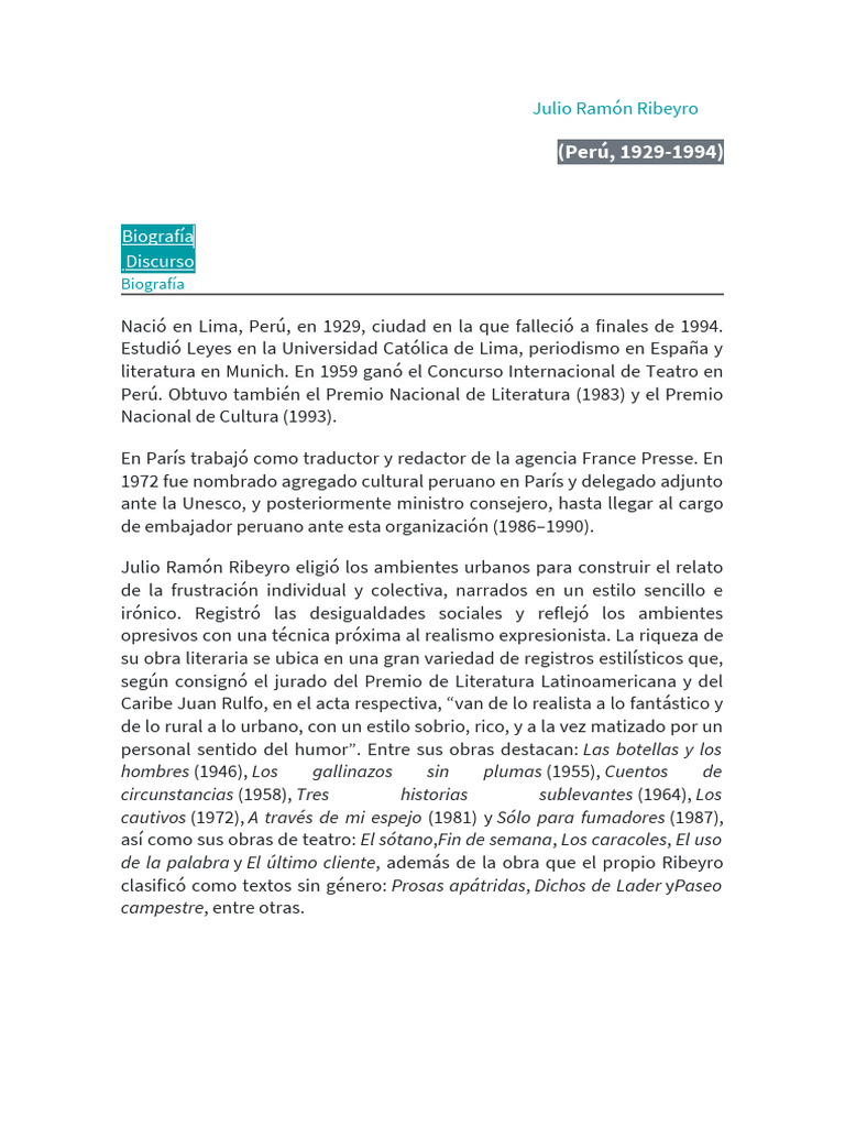Biografia de Julio Ramón Ribeyro | PDF