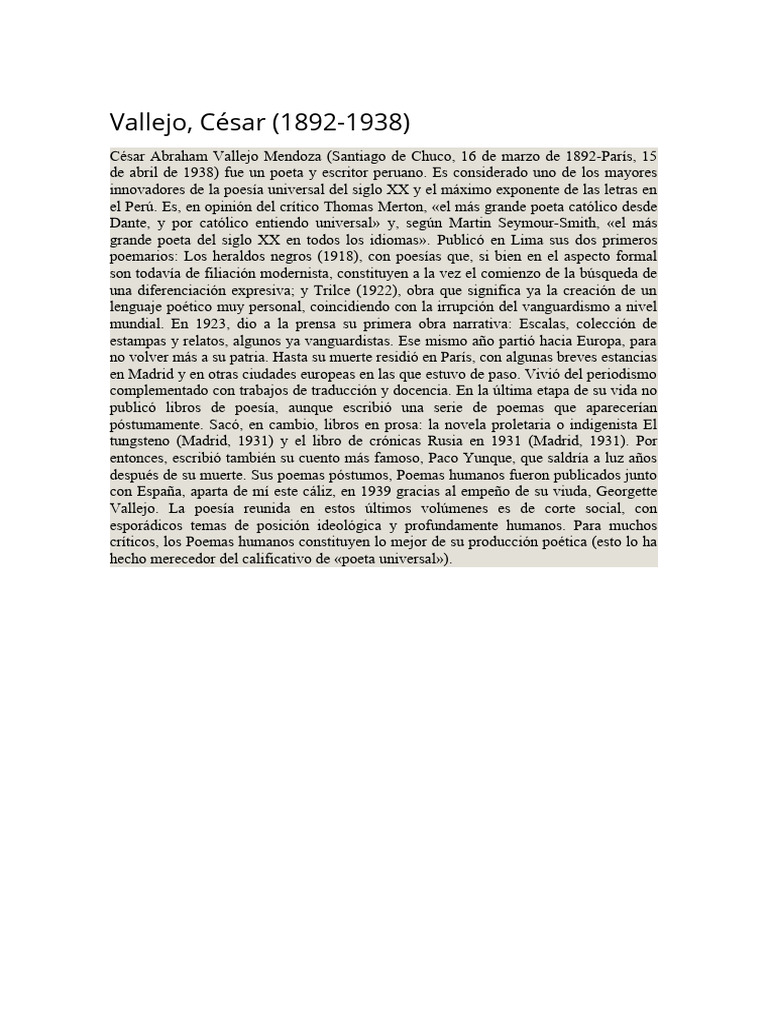 Biografia de Cesar Vallejo | PDF | Historia | Clásicos