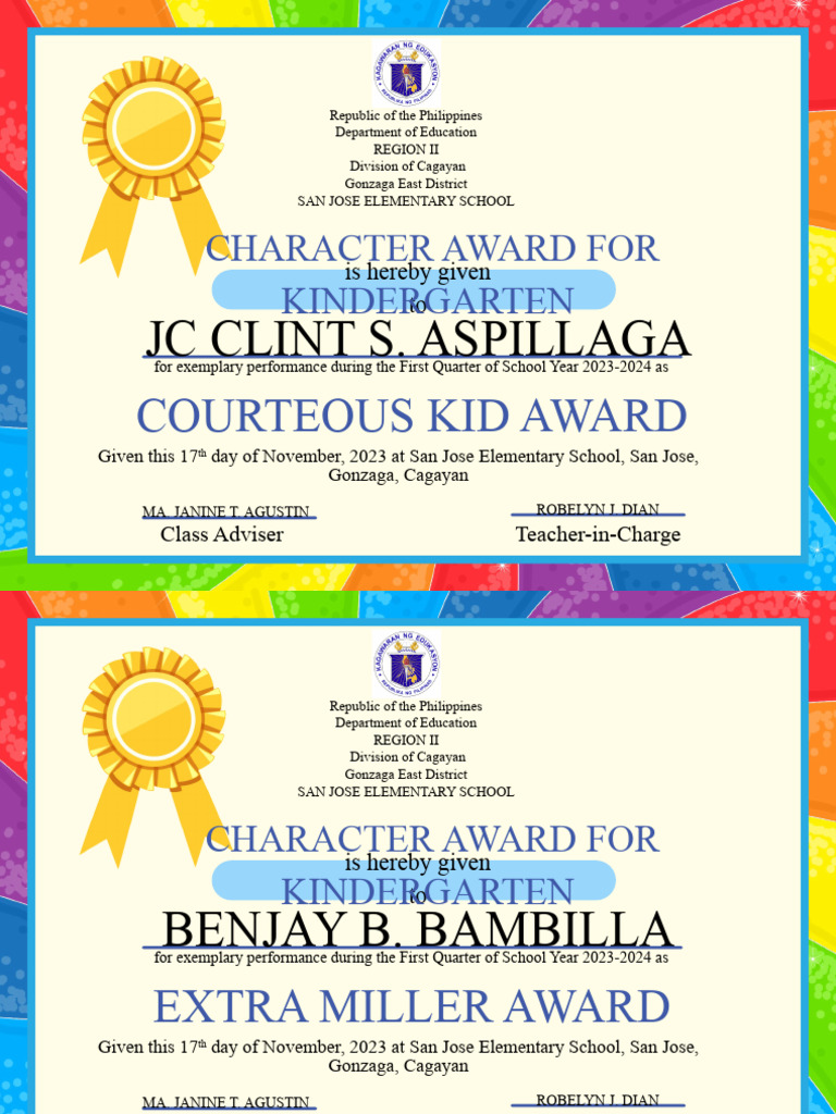 CHARACTER TRAITS AWARD - Kinder | PDF