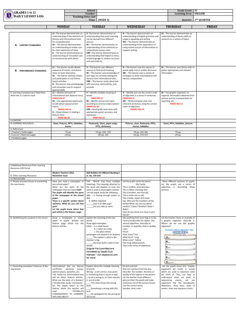 DLL - English 4 - Q3 - W5 | PDF DLL - English 4 - Q3 - W5 | PDF