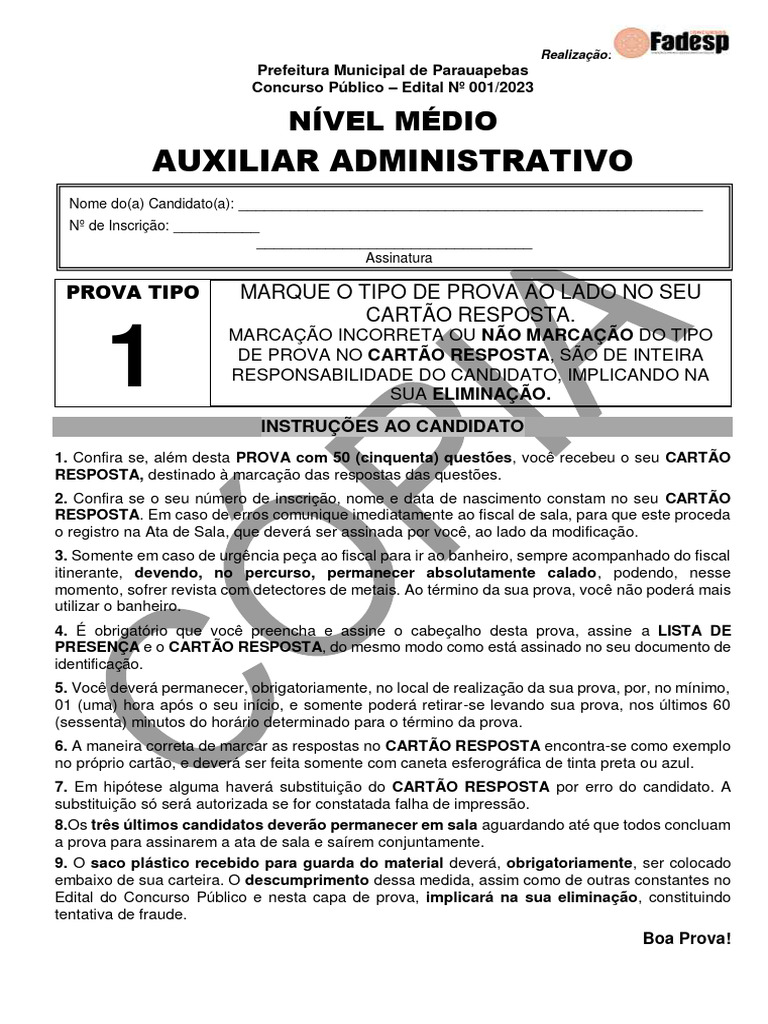 Prova de Auxiliar Administrativo Tipo 1 27 11 2023 GRJBRW | PDF