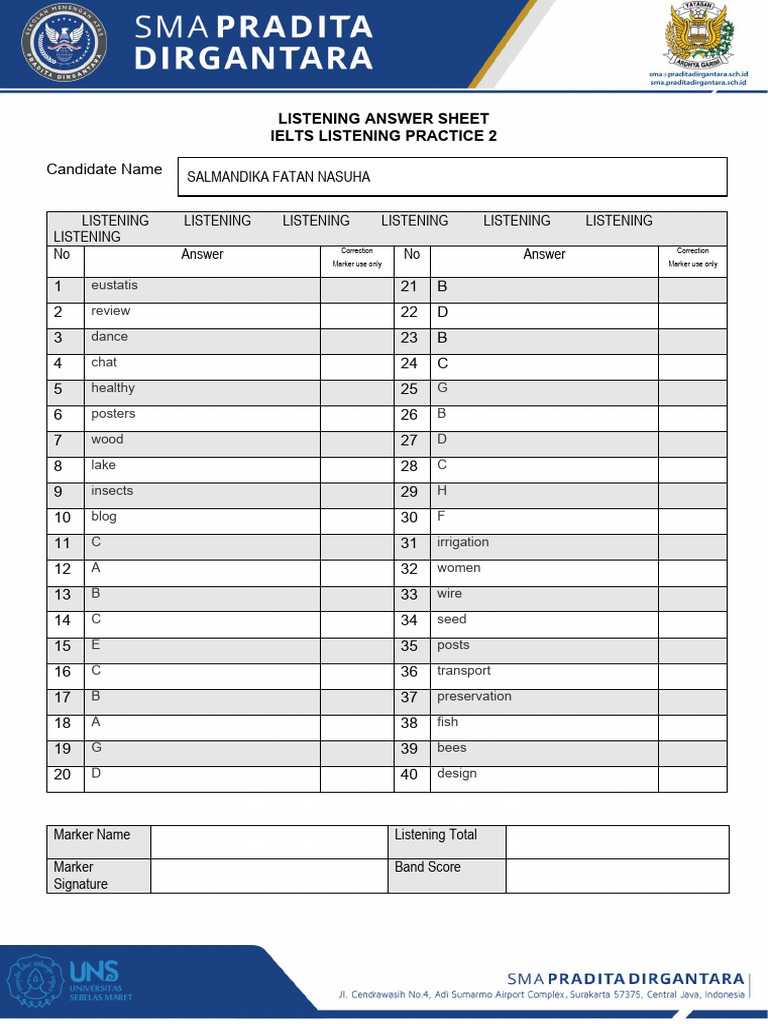 Practice 2 - Listening Answer Sheet | PDF