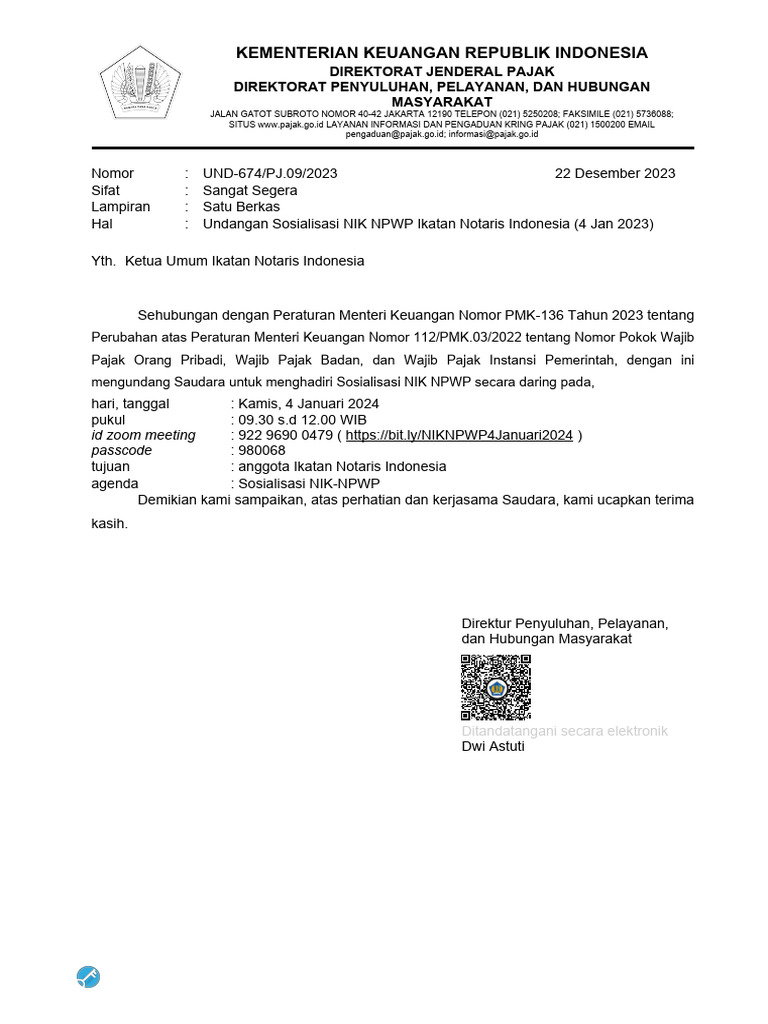Undangan Sosialisasi NIK NPWP Ikatan Notaris Indonesia (4 Jan 2023) | PDF