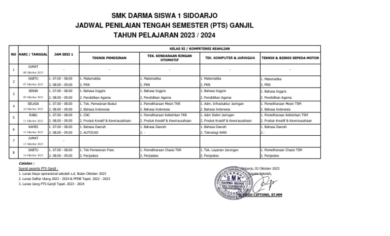 Jadwal Siswa Kelas Xi PTS Ganjil 2023 2024 SMK Mawa 1 | PDF