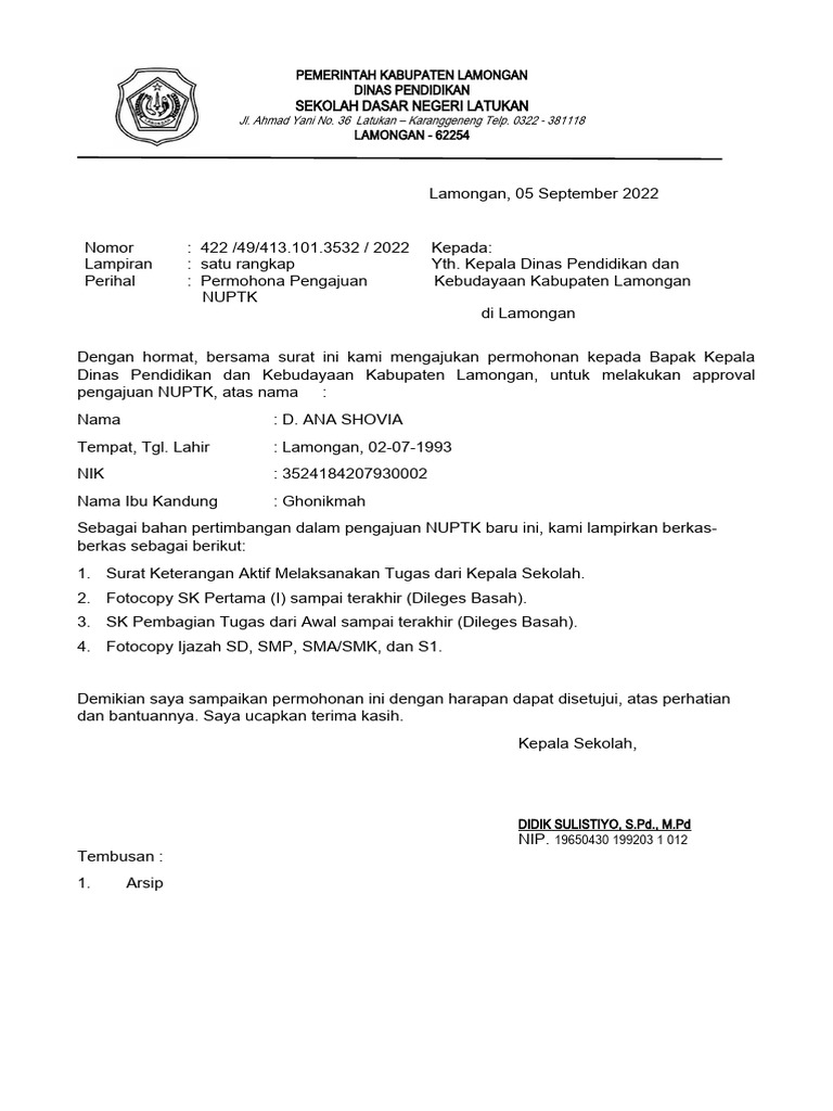 Contoh Surat Pengajuan Nuptk 2019 | PDF