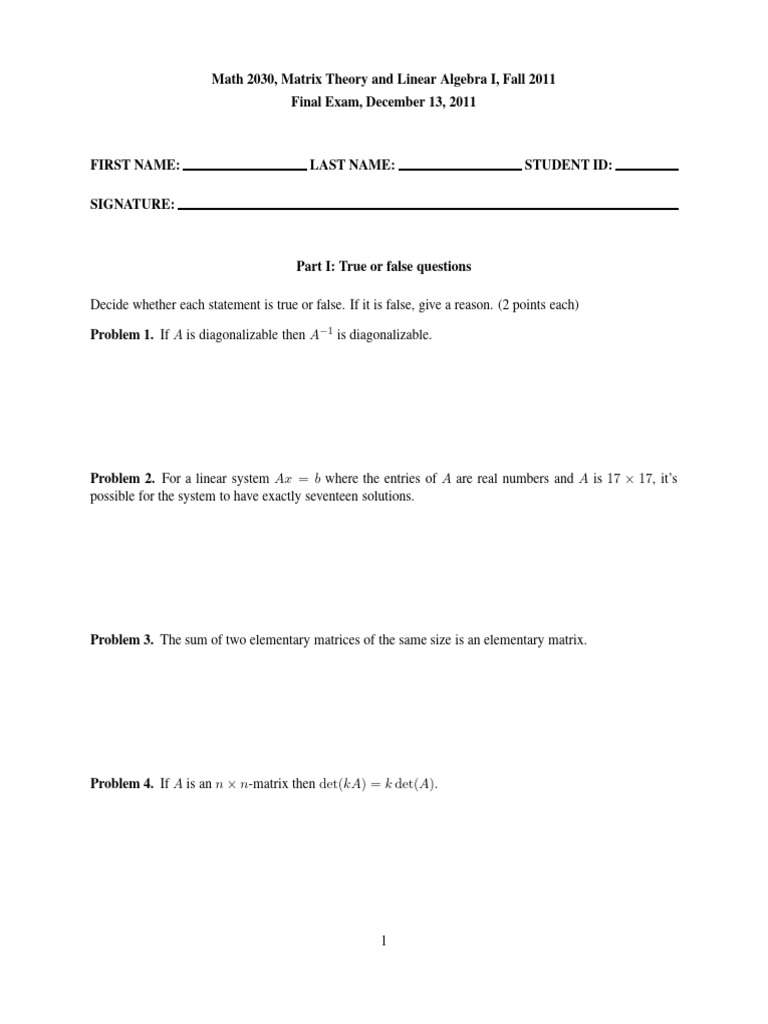 2011 Final | PDF | Matrix (Mathematics) | Eigenvalues And Eigenvectors