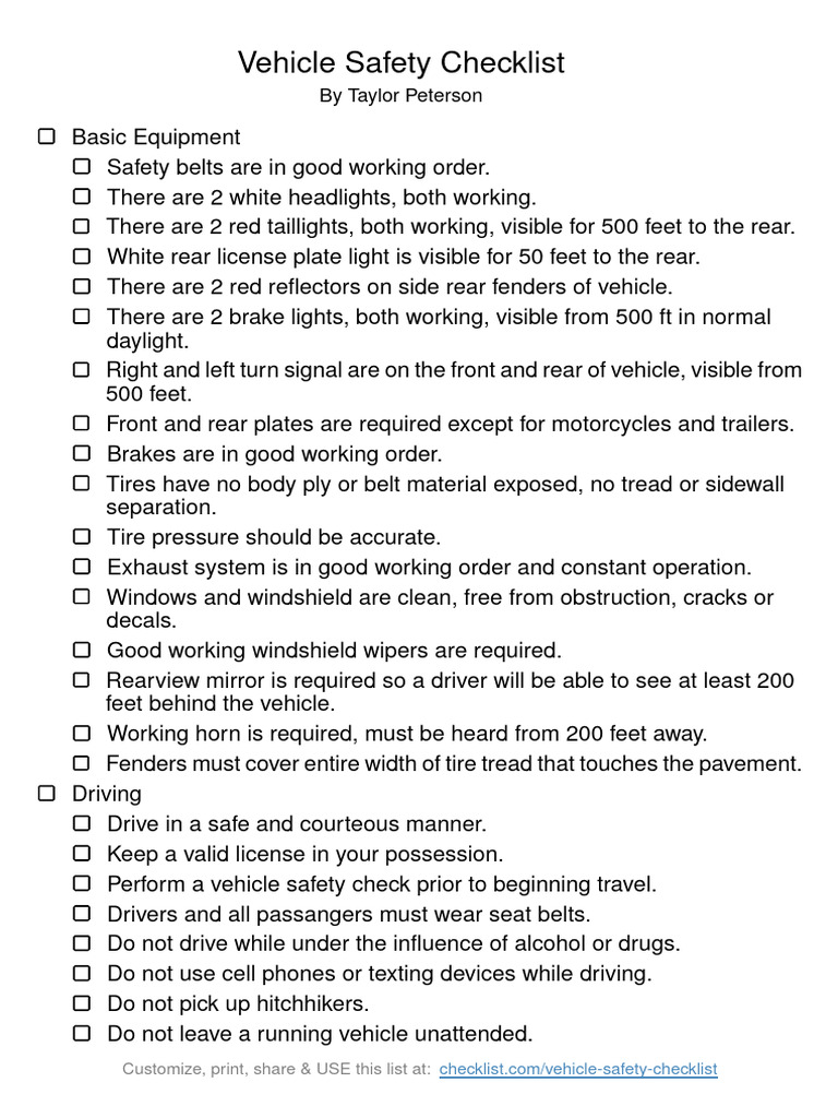 Vehicle Safety Checklist | PDF