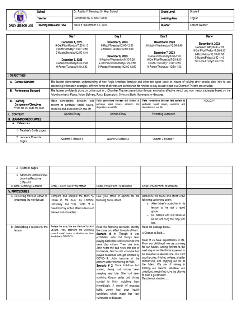 DLL English 9 q2 Week 5 December 4 8 | PDF | Learning
