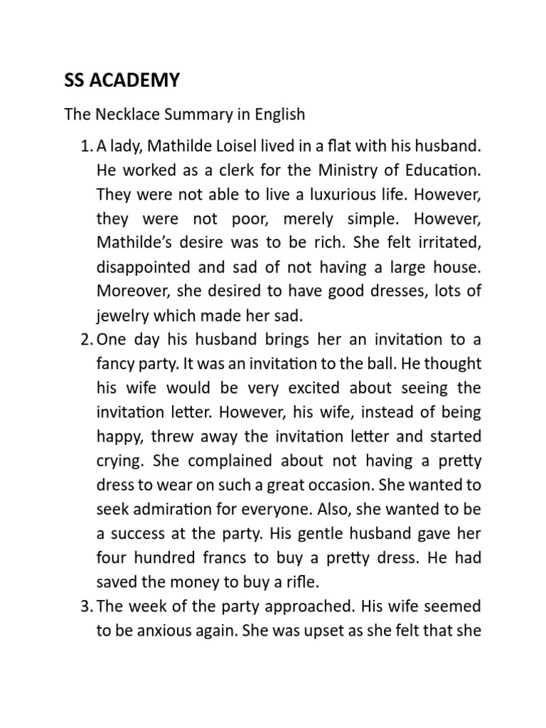 Summary - The Necklace | PDF | Mystery, Thriller & Crime Fiction ...