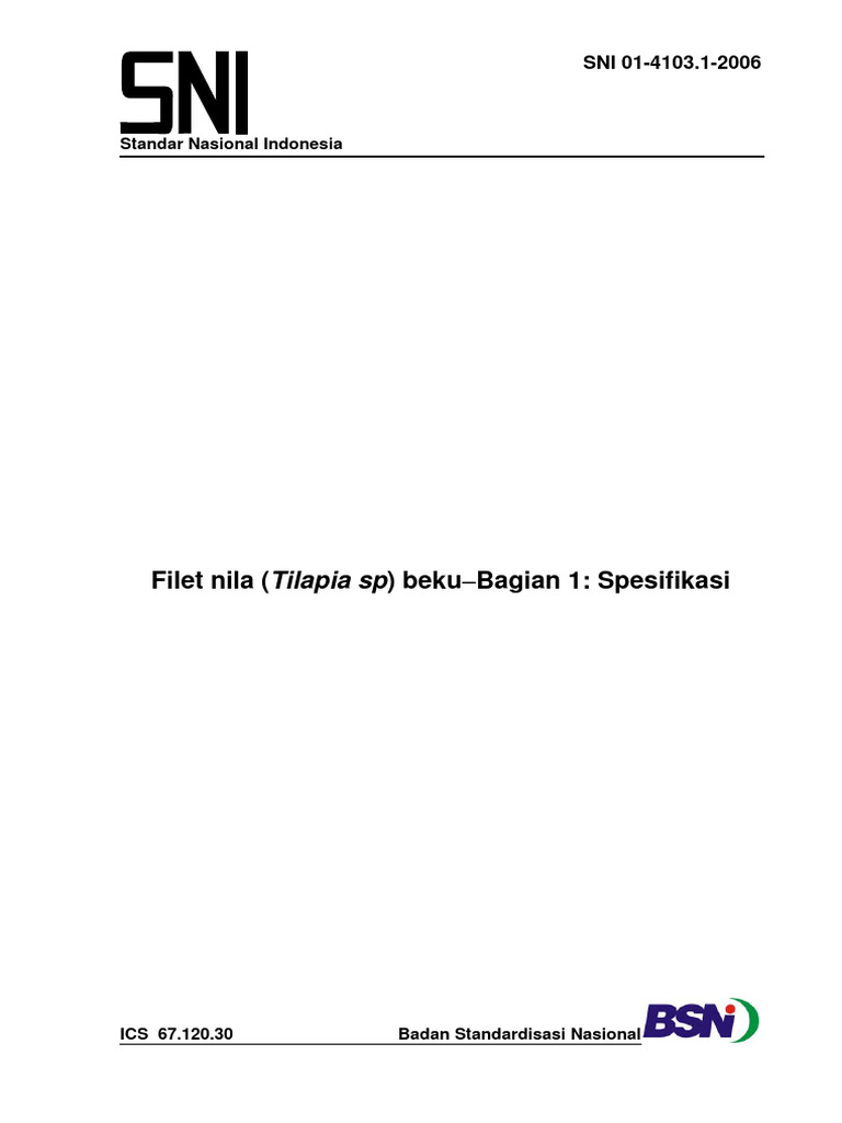 Fillet Nila (Tilapia SP) Beku - Bagian 1. Spesifikasi 29249 - SNI - 01-4103.1-2006 | PDF