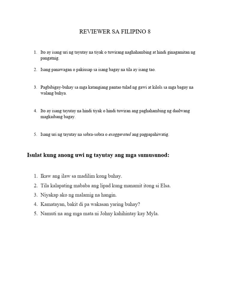 Reviewer Sa Filipino 8 | PDF