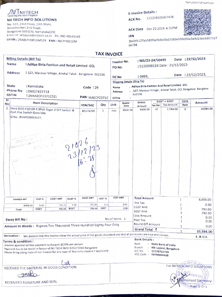Abfrl CCL D-Link Bill | PDF