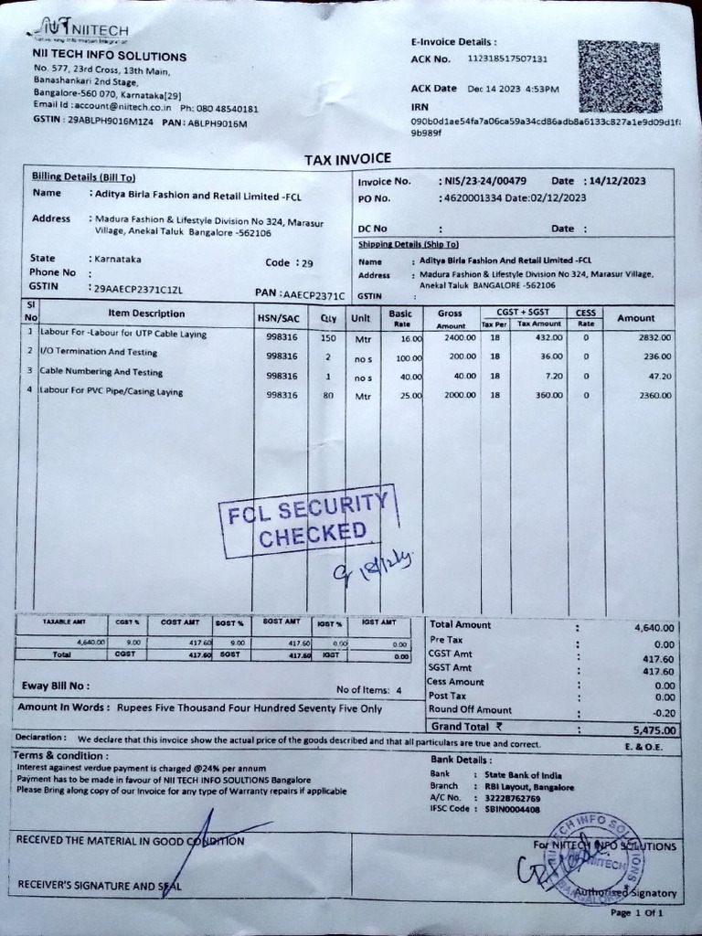 ABFRL FCL Bill | PDF