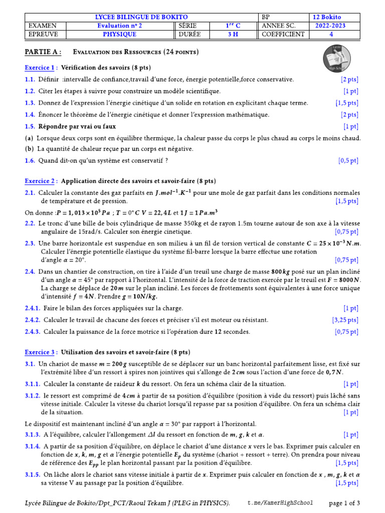 LycéeBBokito Physique 1èrec Eval2 2022 | PDF