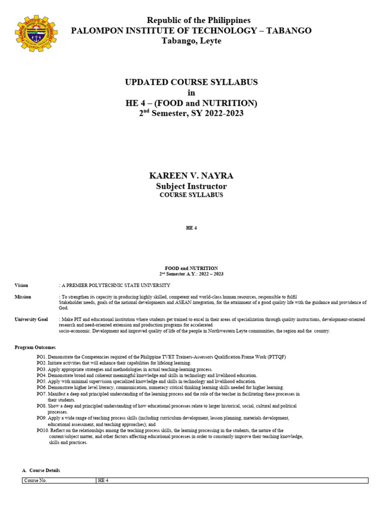 Food and Nutrition Course Syllabus | PDF | Nutrition | Diet & Nutrition