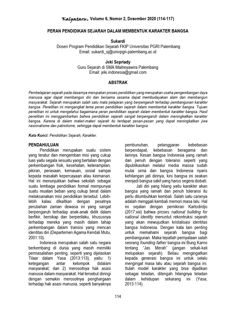 Peran Pendidikan Sejarah Dalam Membentuk Karakter Bangsa (Sukardi-Jeki Sepriady) | PDF