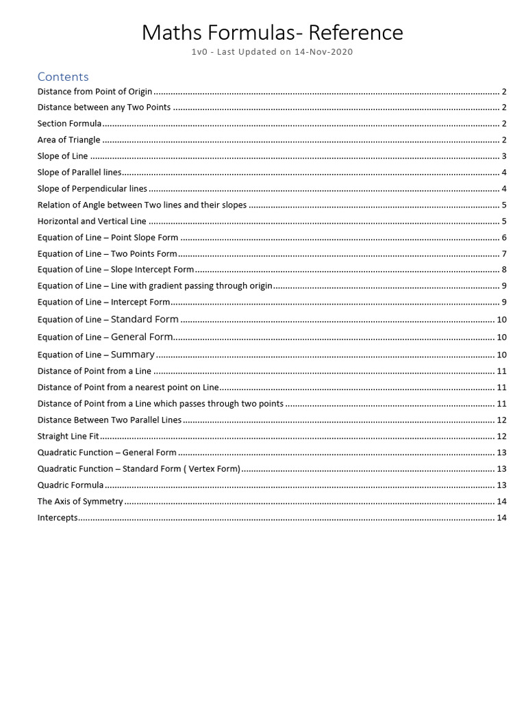 Formula Reference 1v0 | PDF | Slope | Perpendicular