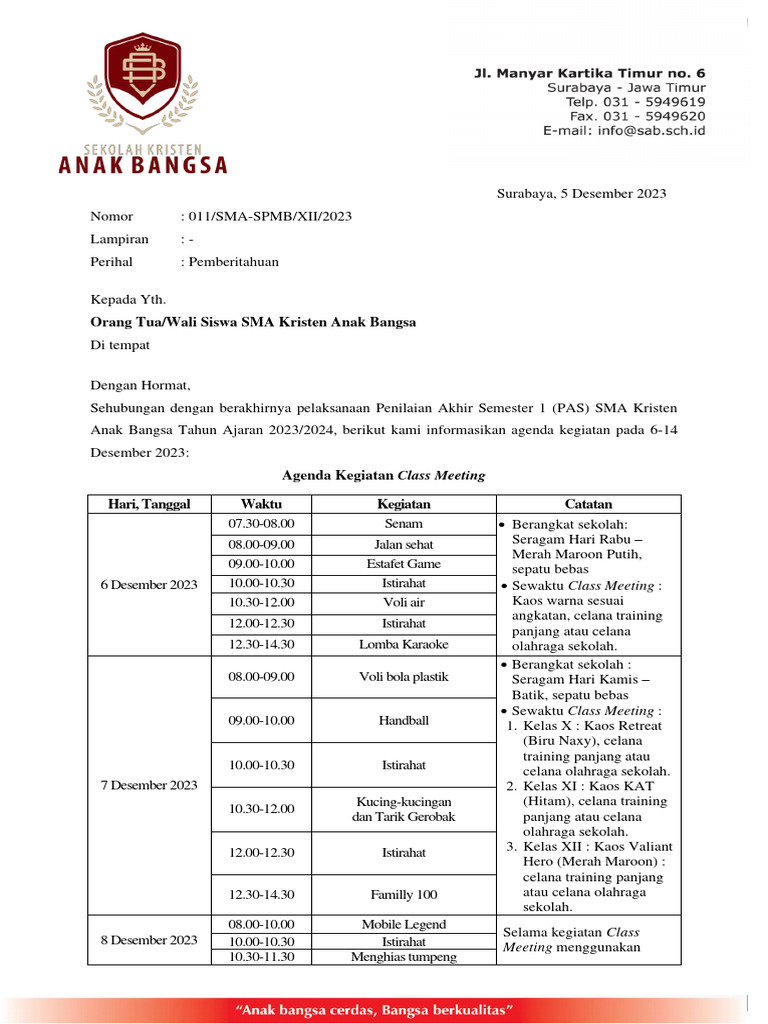 Surat Pemberitahuan Classmeet 2023 | PDF