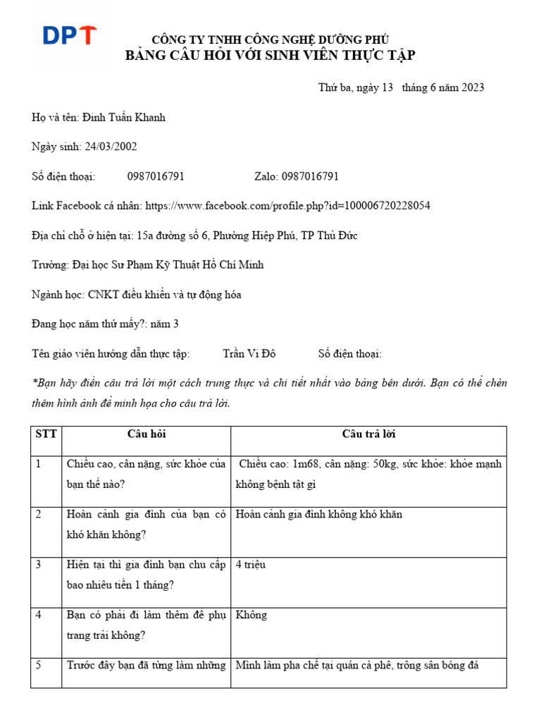 Bảng câu hỏi với SVTT - DPT - 12.12.22 | PDF