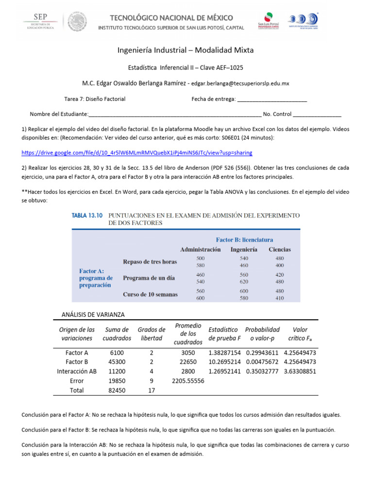 Estadistica Inferencial II - Tarea 7 - Diseño Factorial (2) | PDF | Análisis de variación ...