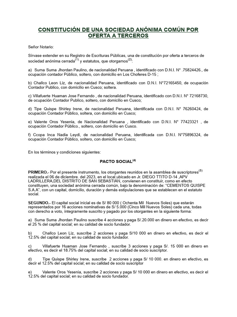 Constitución de Una Sociedad Anónima Común Por Oferta A Terceros | PDF | Dividendo | Bancos