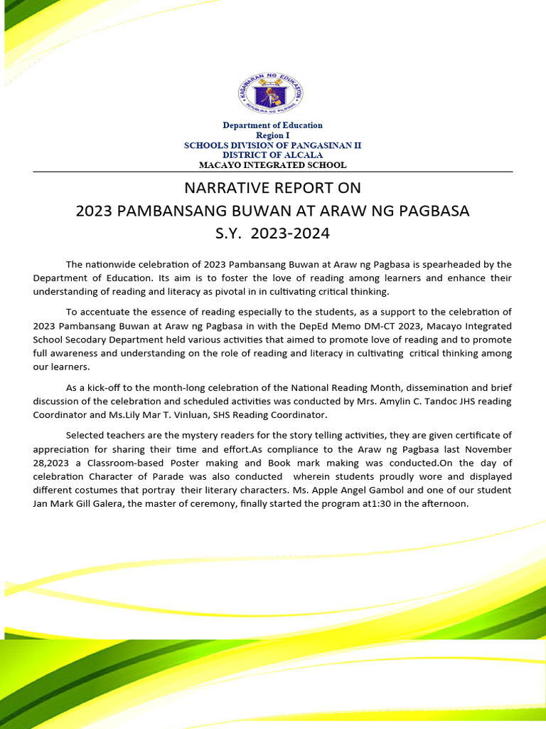 Narrative Report National Reading Month 2023 | Download Free PDF ...