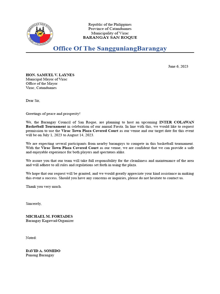 Request Letter For Virac Town Plaza | PDF
