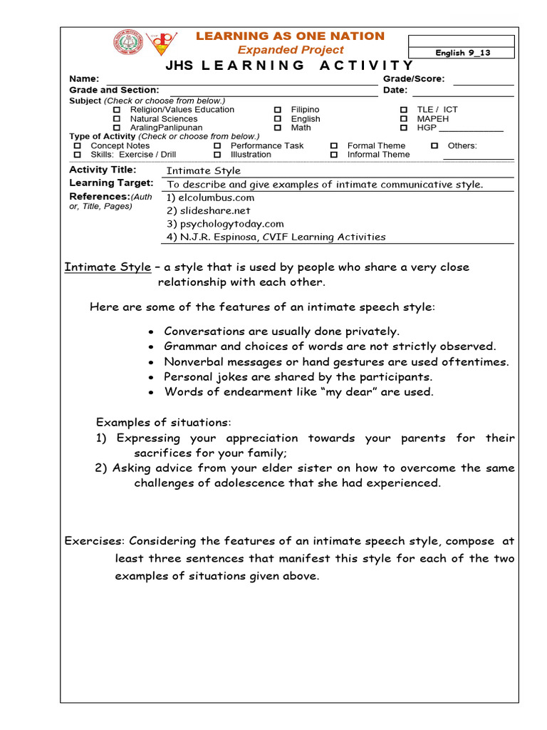 English 9 LAS 13 Intimate Style | PDF | Nonverbal Communication ...