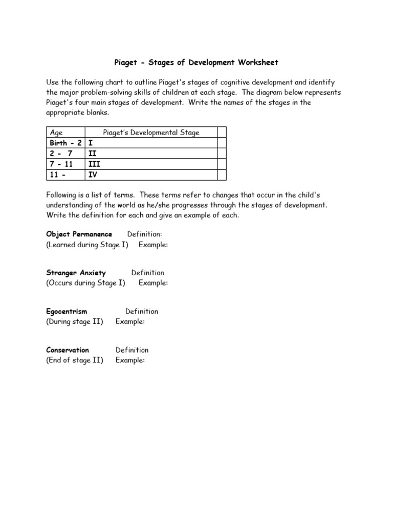 Piaget Worksheet | PDF | Cognitive Psychology | Cognitive Science