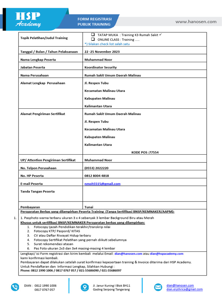 Form Registrasi Pelatihan BNSP Muhammad Noor 2023 | PDF